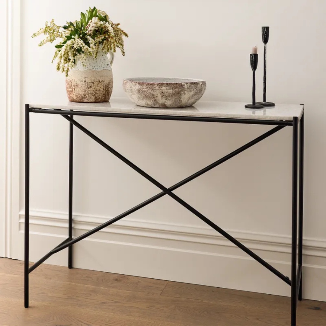 Calypso Cross Bar Iron and Marble Console | Urbano Interiors