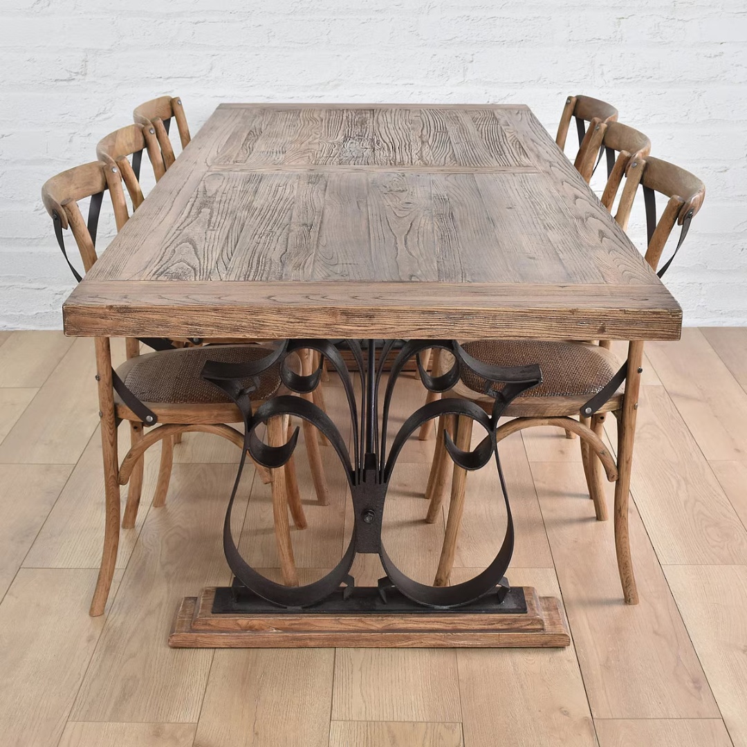 Reclaimed Elm Dining Table with Iron Legs + 6 Cross Back Dining Chair ...