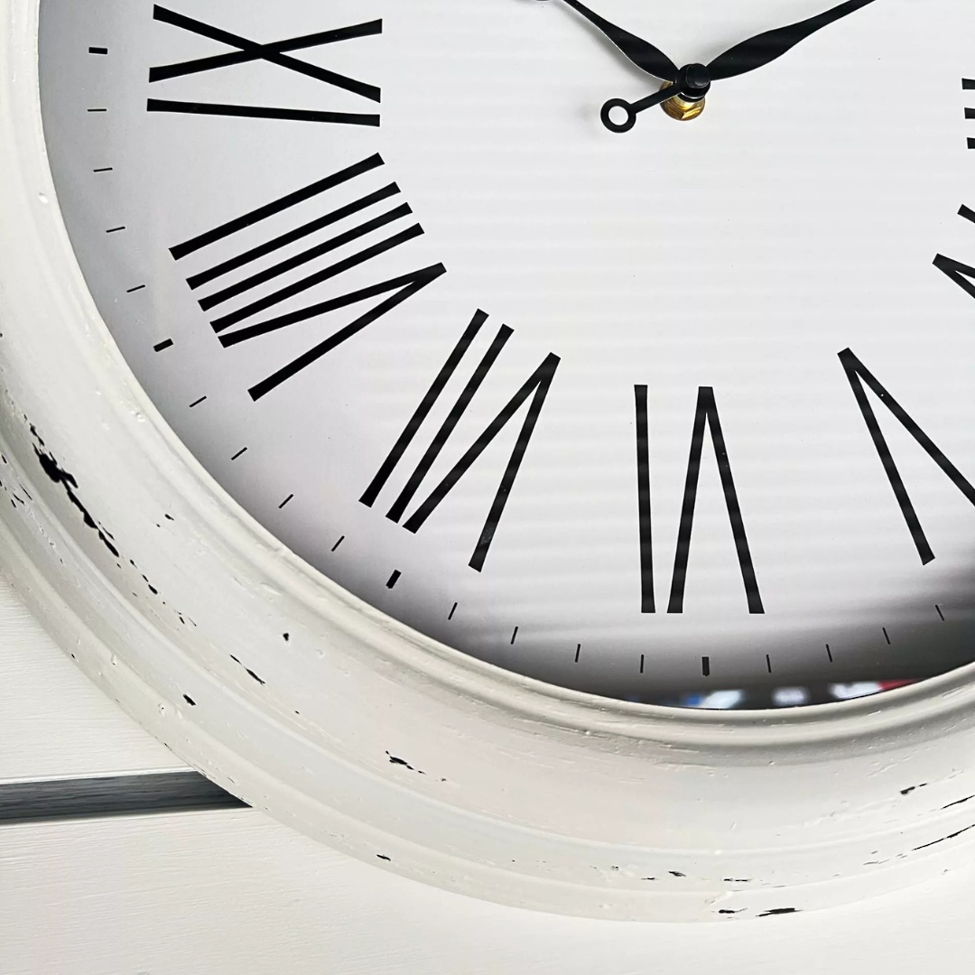 Huxley Clock Distressed Frame - Antique White | Urbano Interiors