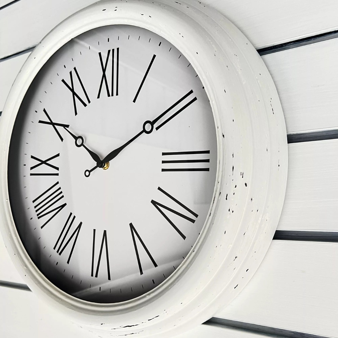 Huxley Clock Distressed Frame - Antique White | Urbano Interiors