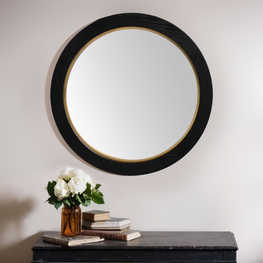 Black Oak and Gold Round Mirror 50cm | Urbano Interiors